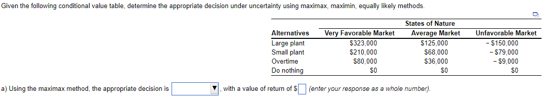 Solved Using the maximax method, the appropriate decision is | Chegg.com