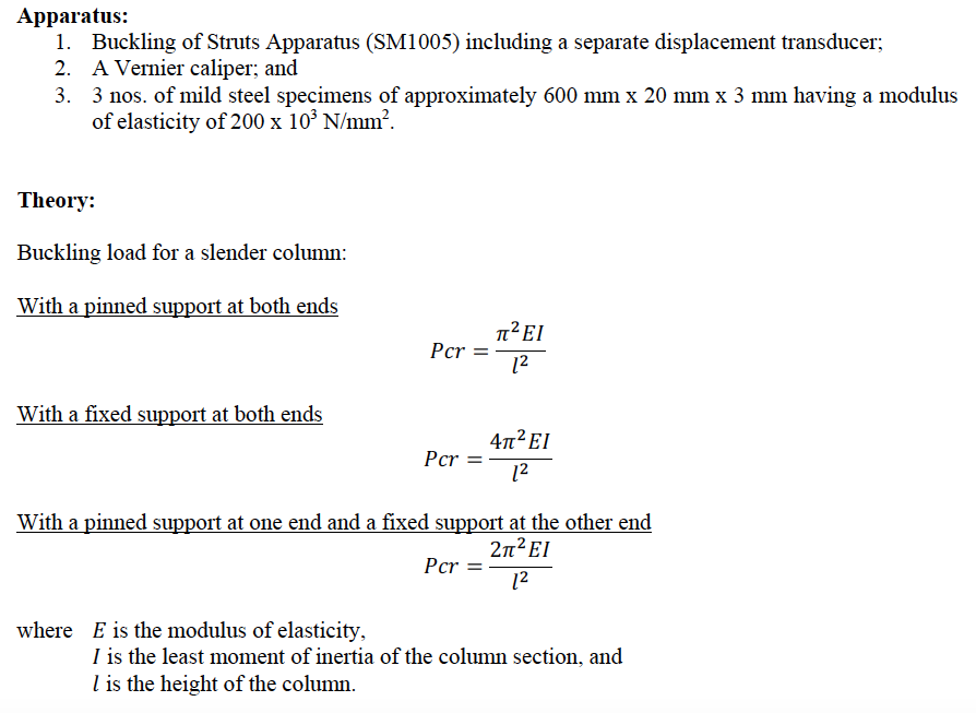 Solved Apparatus: 1. Buckling of Struts Apparatus (SM1005) | Chegg.com
