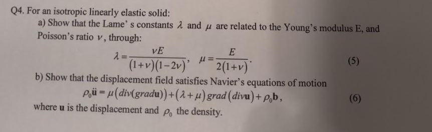 VE E Q4. For an isotropic linearly elastic solid: a) | Chegg.com