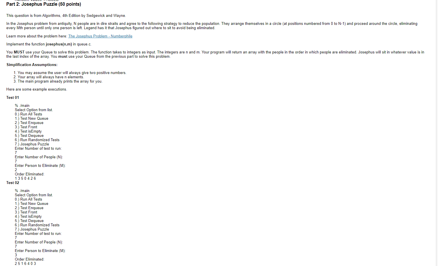 Solved Part 2: Josephus Puzzle (50 points) This question is | Chegg.com