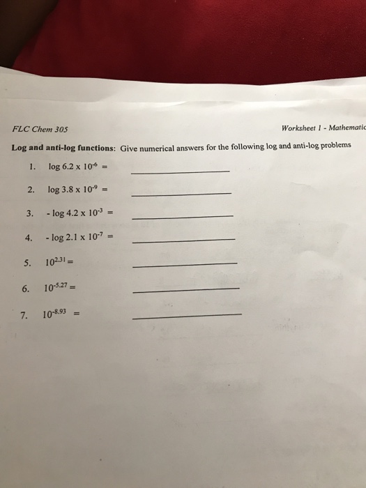 Solved FLC Chem 305 Worksheet 1 Mathematic Log and anti-log | Chegg.com