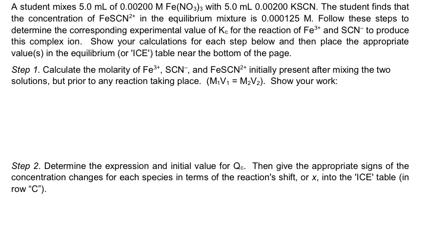 Solved A student mixes 5.0 mL of 0.00200 M Fe(NO3)3 with 5.0 | Chegg.com