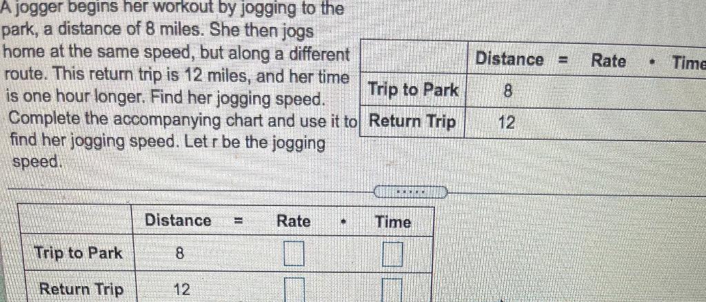 Solved Distance = Rate Time A jogger begins her workout by | Chegg.com