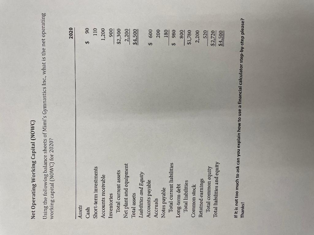 Solved Net Operating Working Capital (NOWC) Using the | Chegg.com