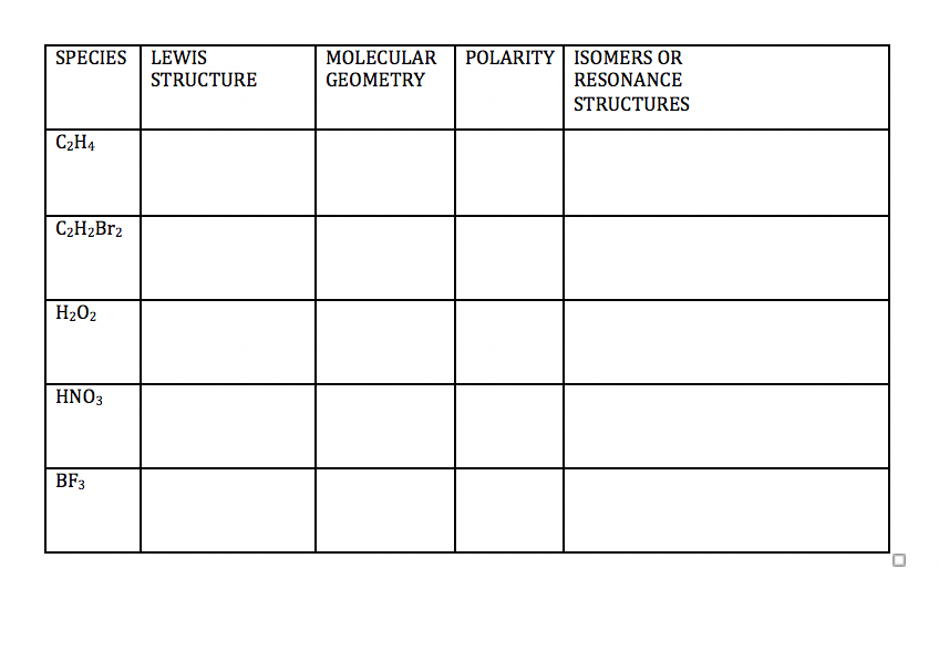 Solved SPECIES LEWIS STRUCTURE MOLECULAR GEOMETRY POLARITY | Chegg.com