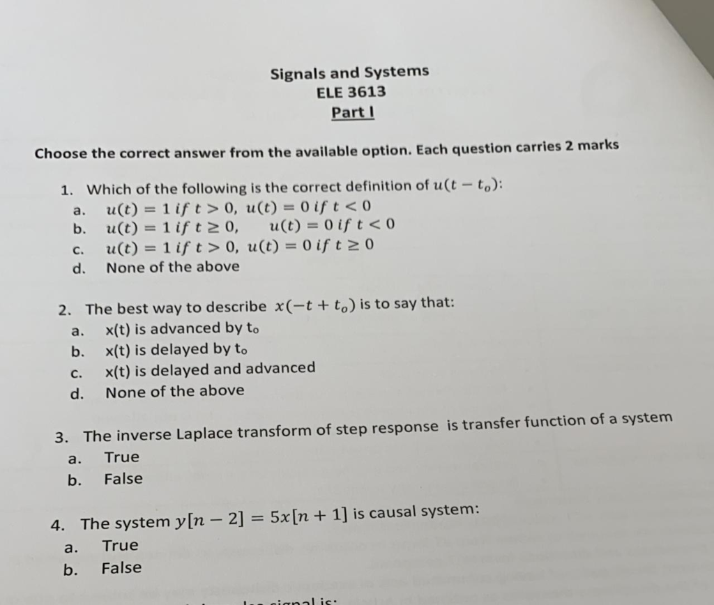 Solved Signals and Systems ELE 3613 Part ! Choose the | Chegg.com