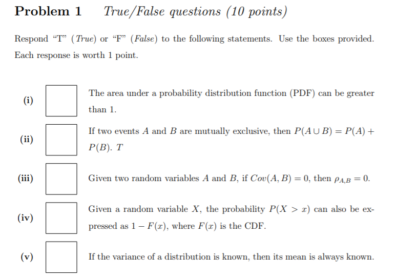 Solved Problem 1 True/False questions (10 points) Respond | Chegg.com