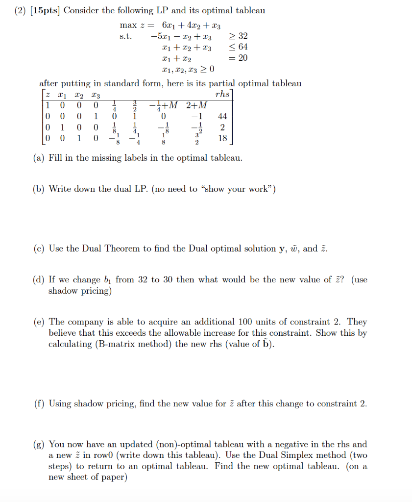 (2) (15pts] Consider the following LP and its optimal | Chegg.com
