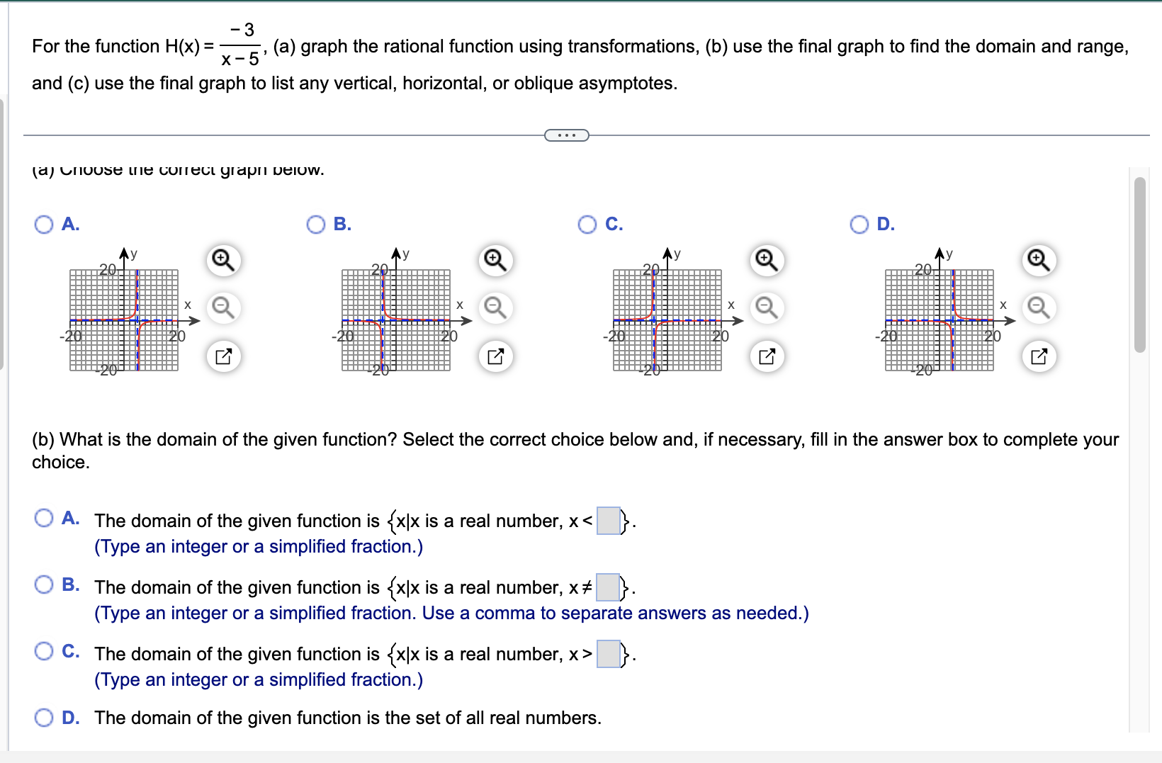 Solved For the function H(x)=x−5−3, (a) graph the rational | Chegg.com