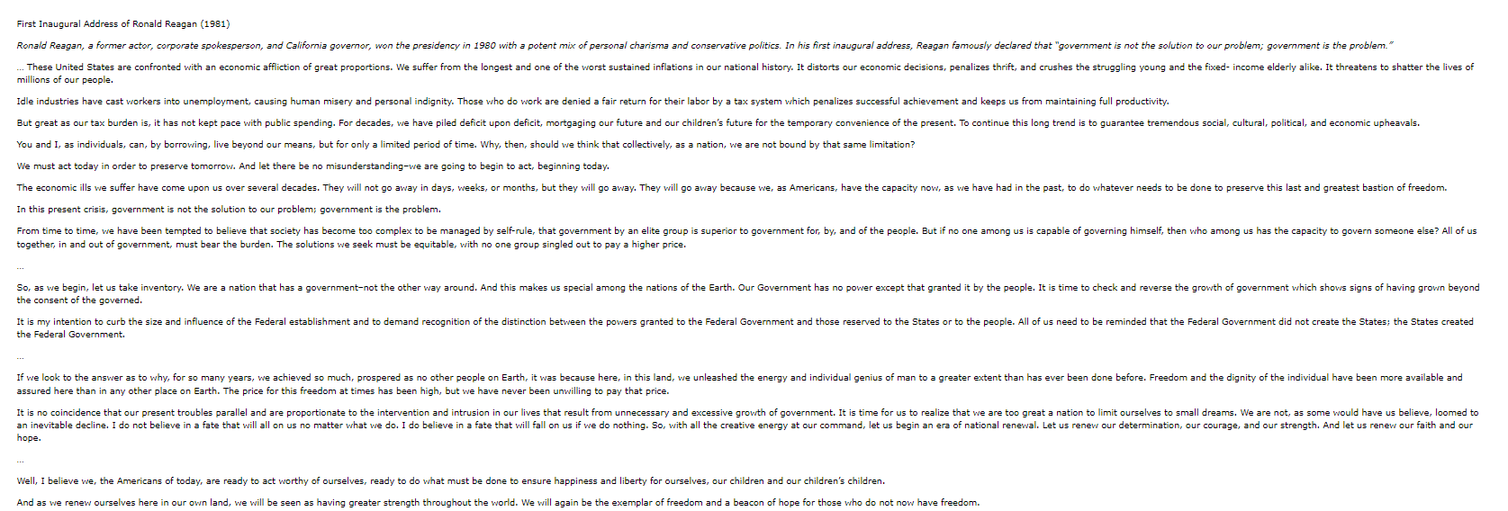 Solved How does Reagan’s Inaugural Address illustrate the | Chegg.com