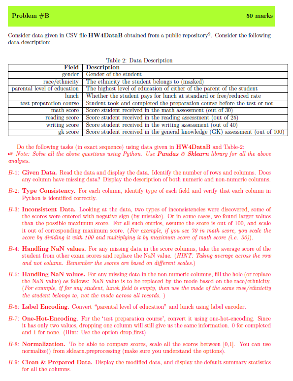 Problem #B 50 marks Consider data given in CSV file | Chegg.com