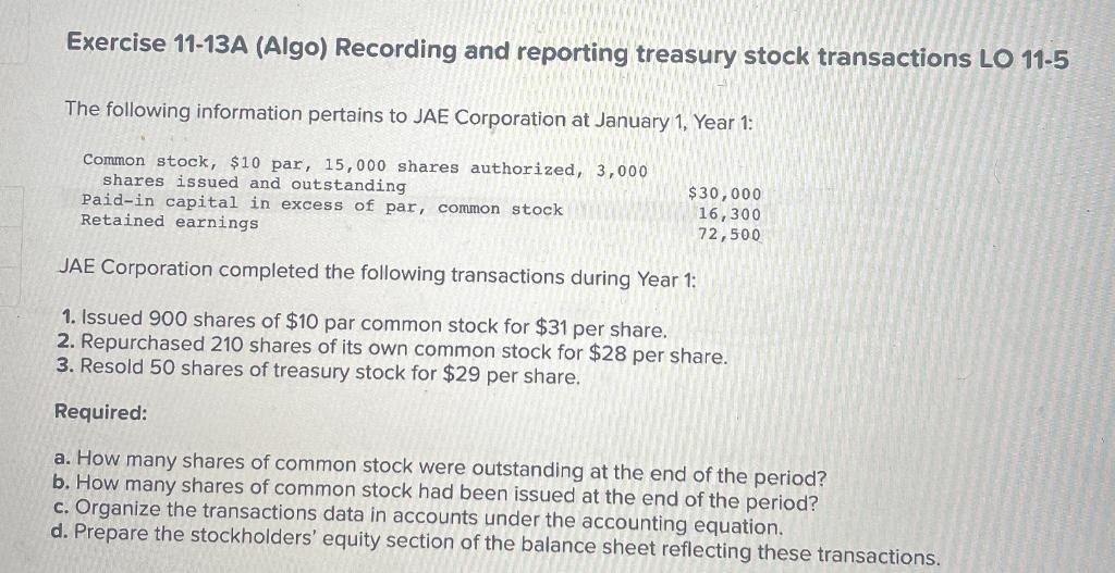 Solved Exercise 11-13A (Algo) Recording and reporting | Chegg.com
