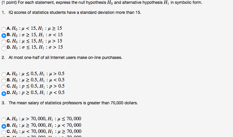 Solved (1 point) For each statement, express the null | Chegg.com