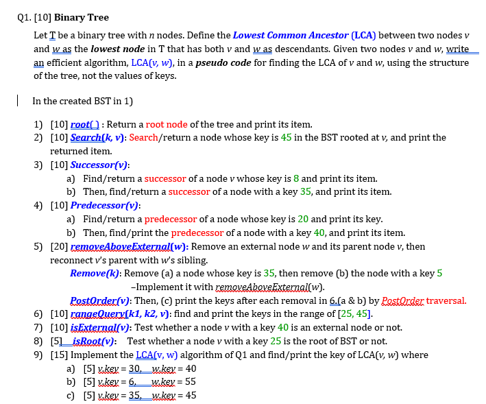 Solved Q1. [10] Binary Tree Let T be a binary tree with n | Chegg.com