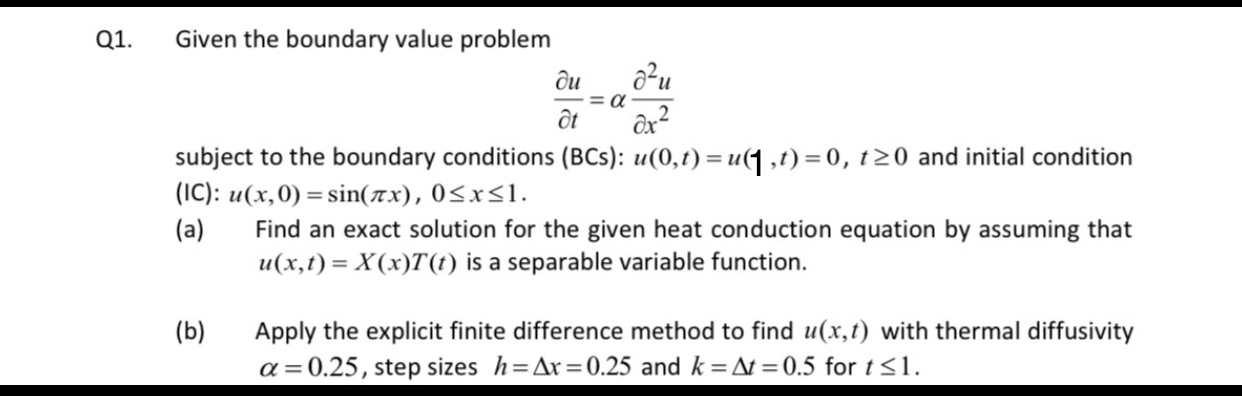 Solved Q1. Given the boundary value problem ∂t∂u=α∂x2∂2u | Chegg.com