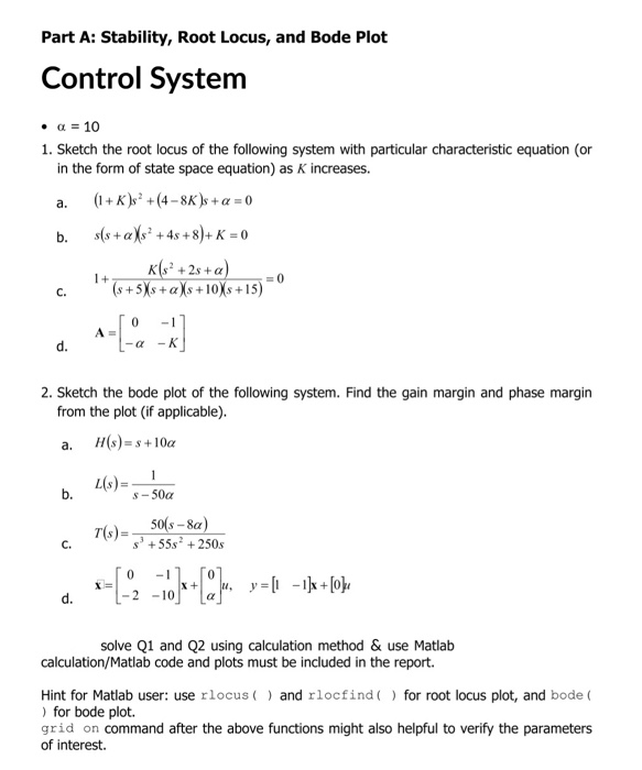 Solved Part A: Stability, Root Locus, and Bode Plot Control | Chegg.com