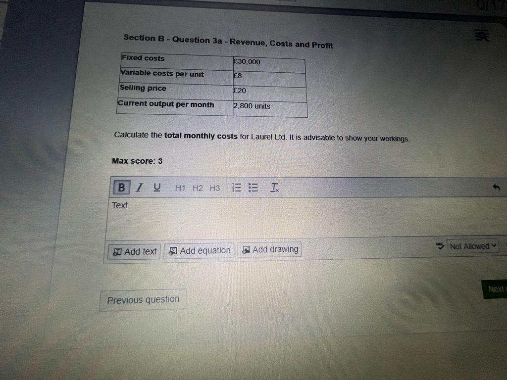 Solved Section B - Question 3a - Revenue, Costs and Profit | Chegg.com
