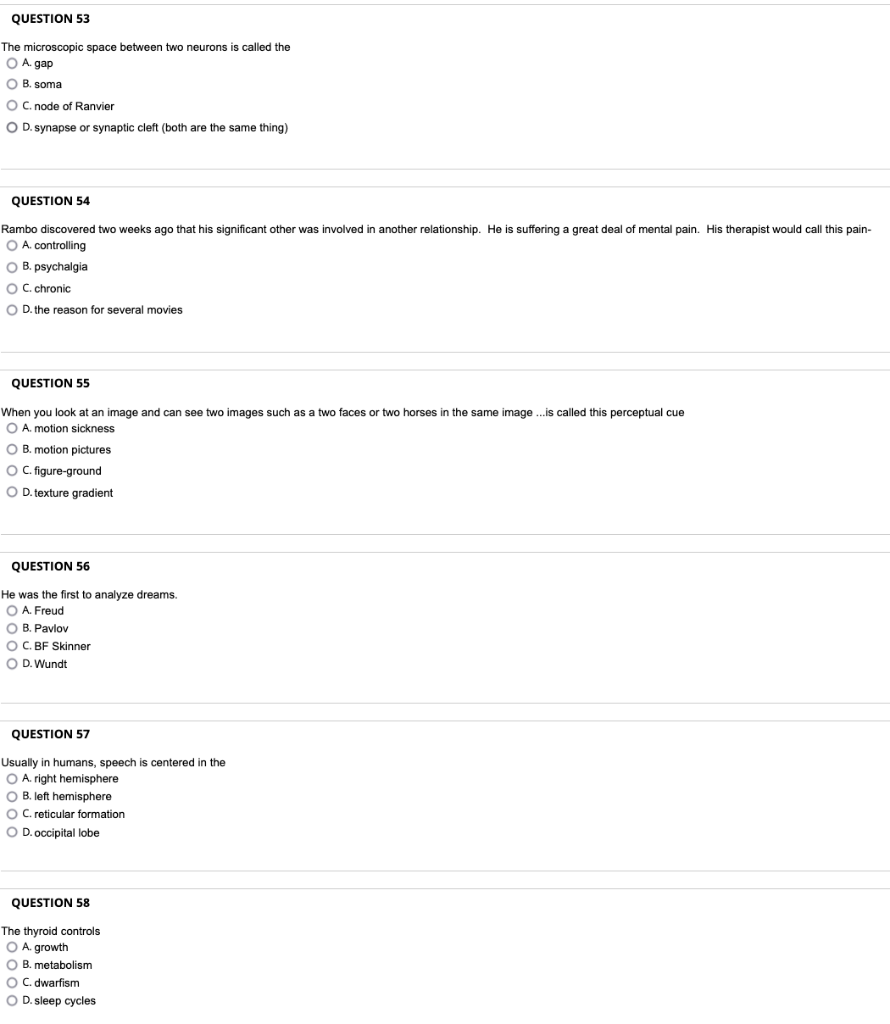 Solved QUESTION 53 The microscopic space between two neurons | Chegg.com