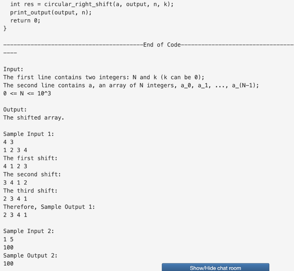 Solved Include Int Circularrightshiftint A Int 