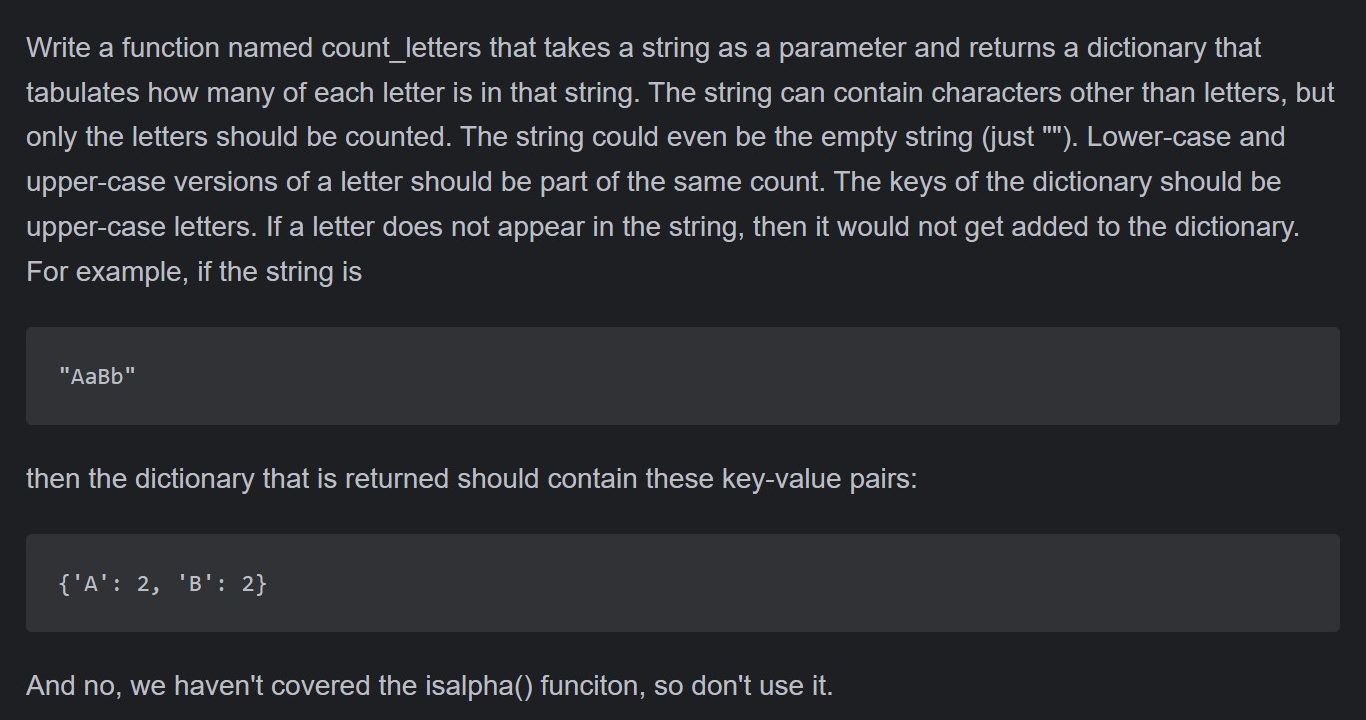 Solved Write a function named count_letters that takes a | Chegg.com
