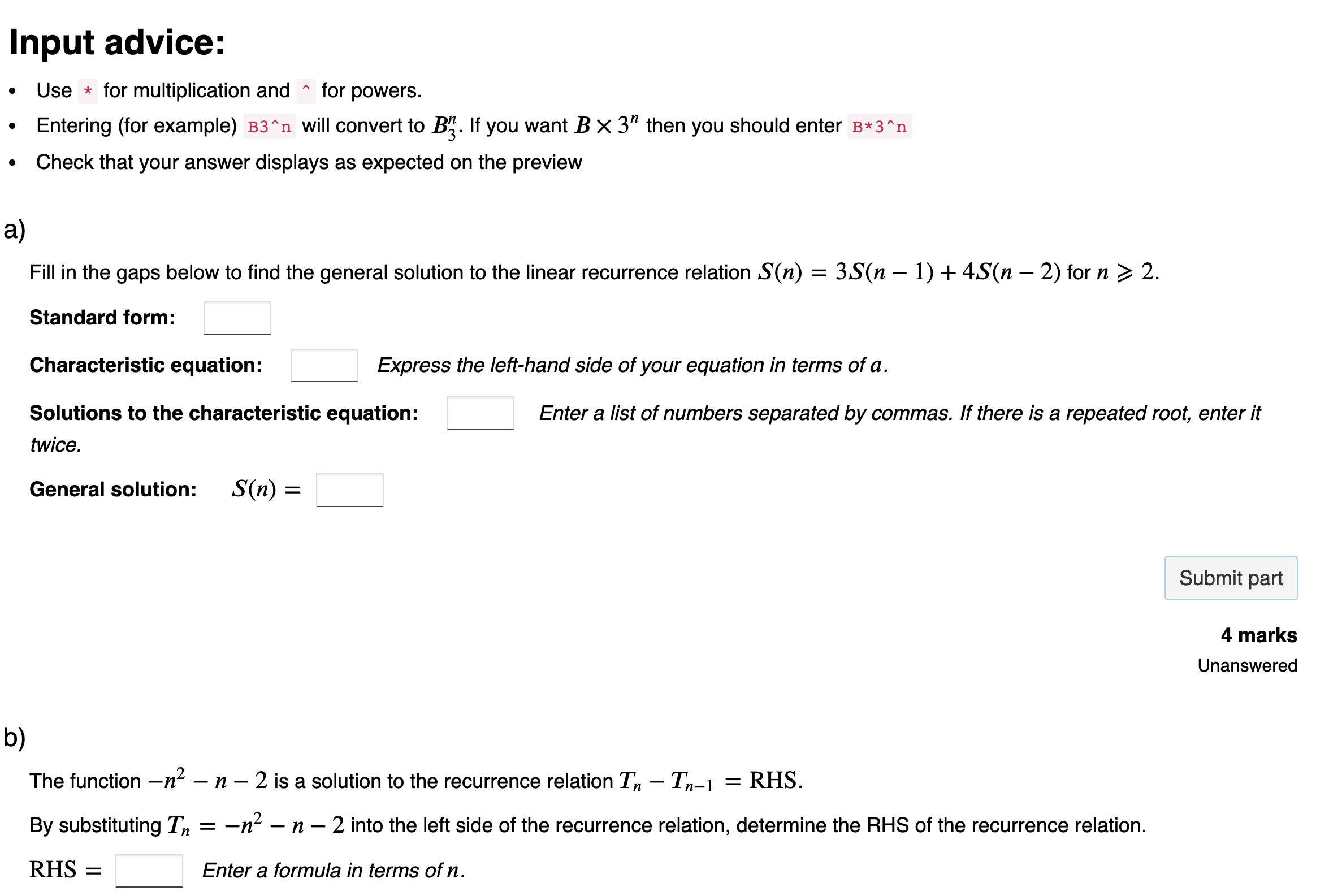 Solved Input advice: - Use * for multiplication and for | Chegg.com
