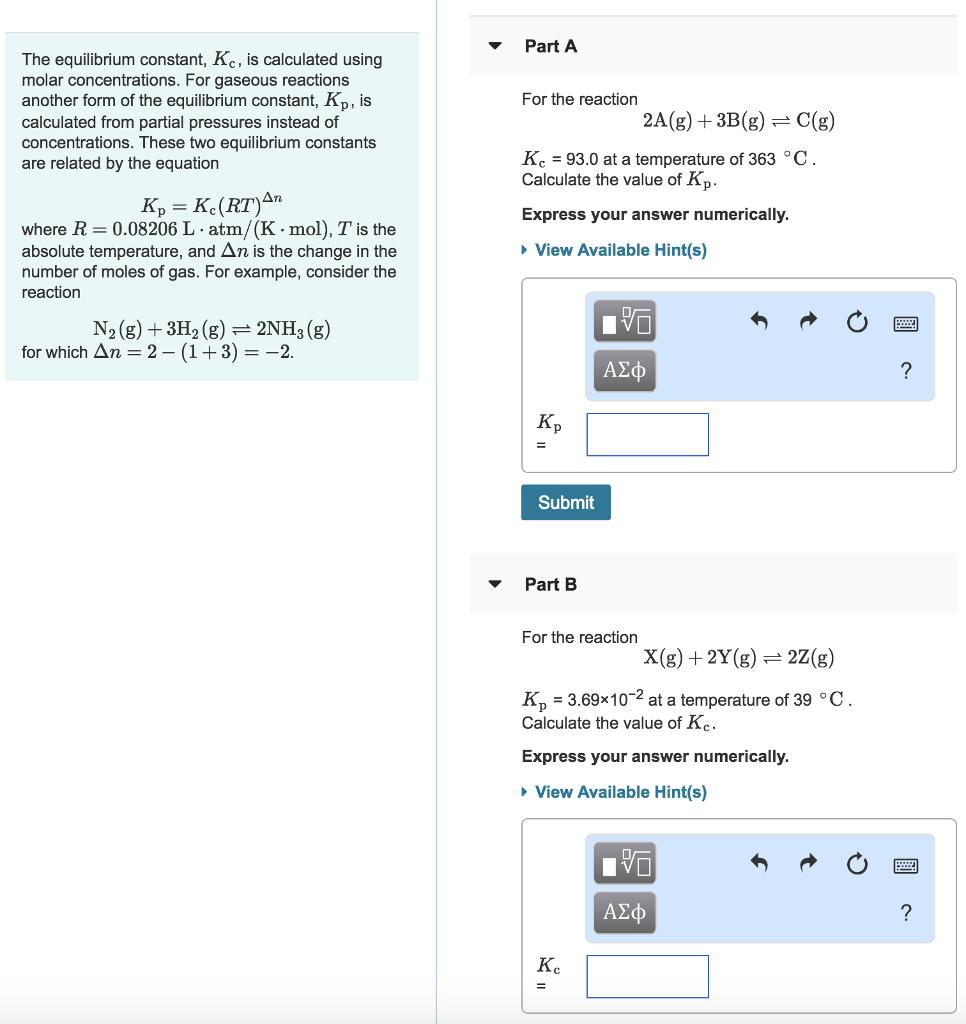 Solved Part A The equilibrium constant, Kc, is calculated | Chegg.com