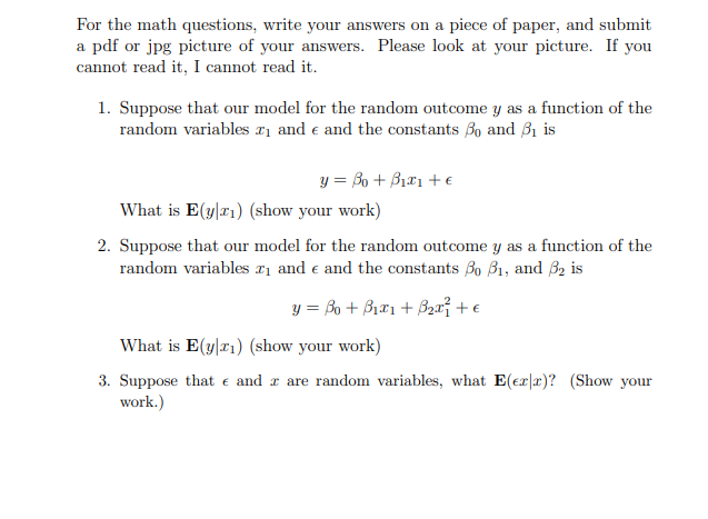 Solved For the math questions, write your answers on a piece | Chegg.com