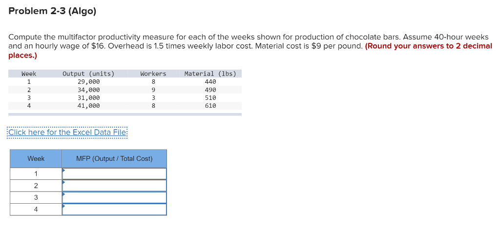 Solved Problem 2-3 (Algo) Compute the multifactor | Chegg.com