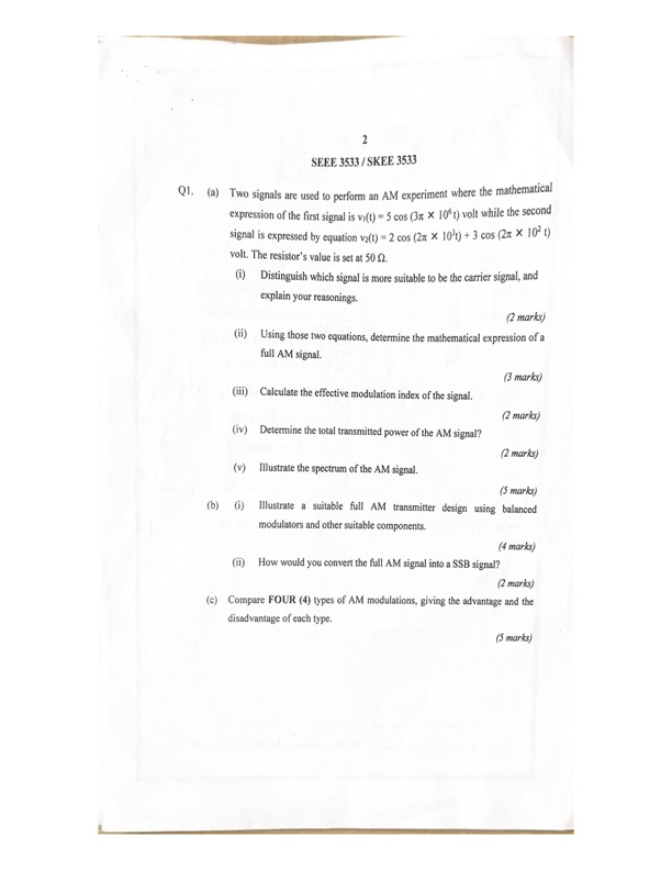 Solved Q1. (a) Two signals are used to perform an AM | Chegg.com