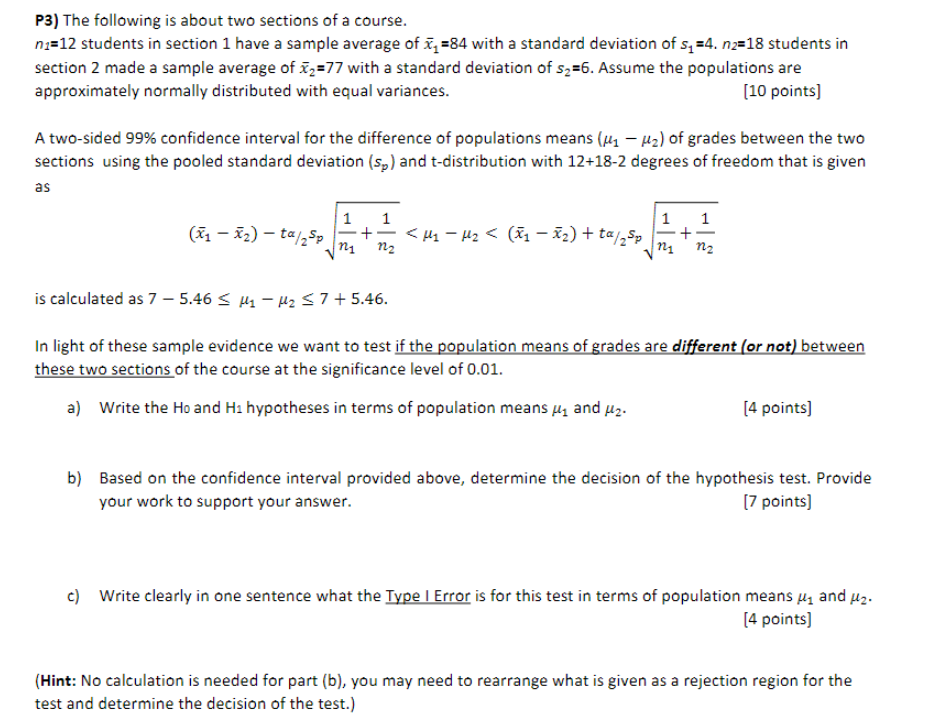 Solved P3) The following is about two sections of a course. | Chegg.com