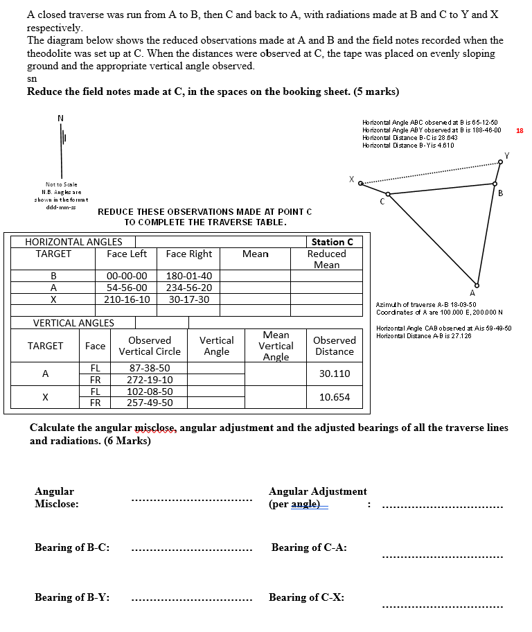 Solved A closed traverse was run from A to B, then C and | Chegg.com