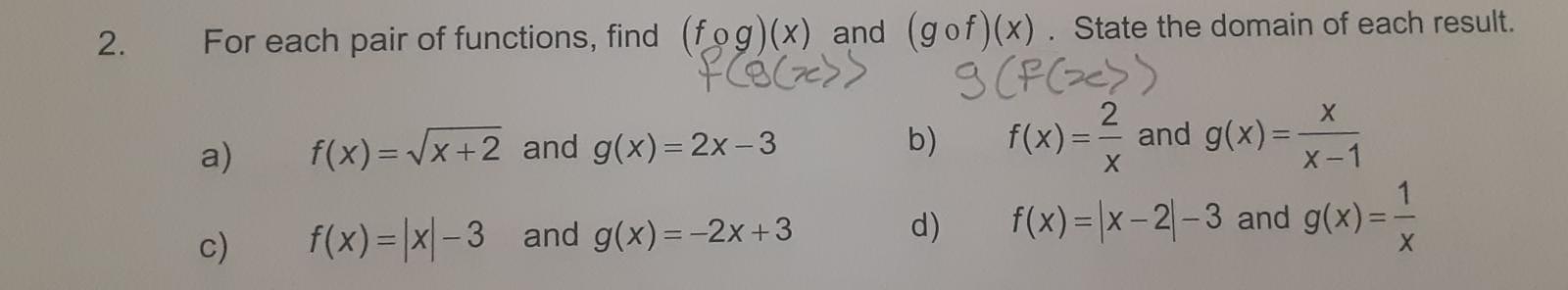 Solved For each pair of functions, find (f∘g)(x) and | Chegg.com