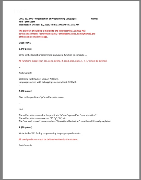 COSC 352.001-Organization of Programming Languages | Chegg.com