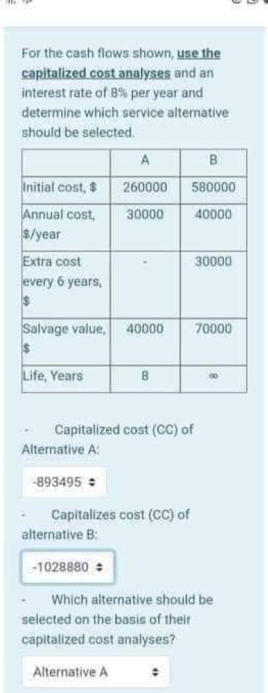 Solved For the cash flows shown, use thecapitalized cost | Chegg.com