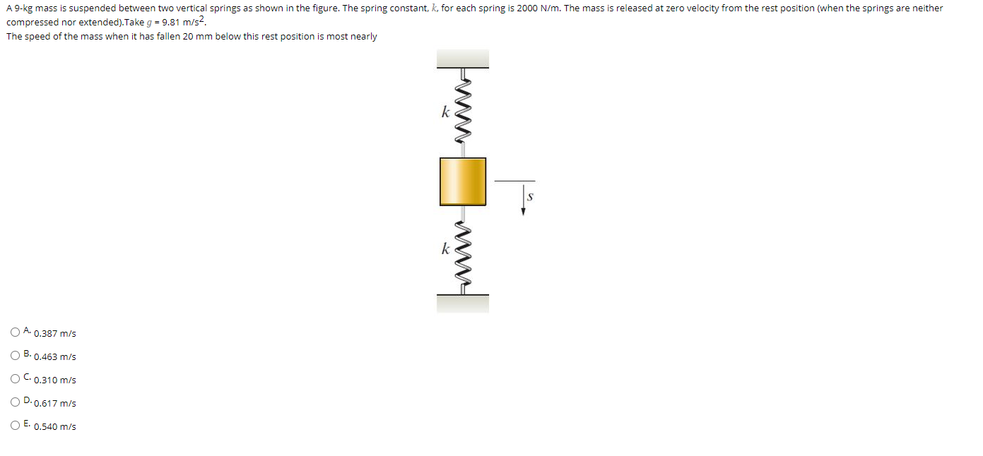 Solved A 9-kg mass is suspended between two vertical springs | Chegg.com