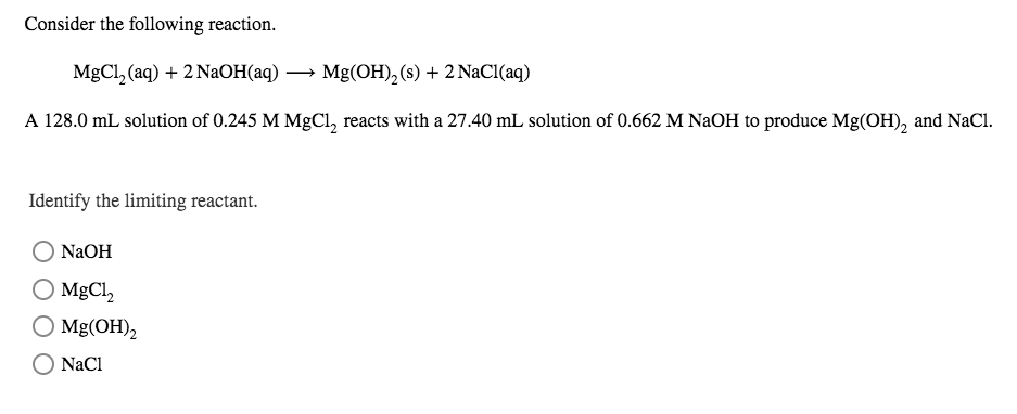 Solved Consider the following reaction. MgCl2 (aq) + | Chegg.com