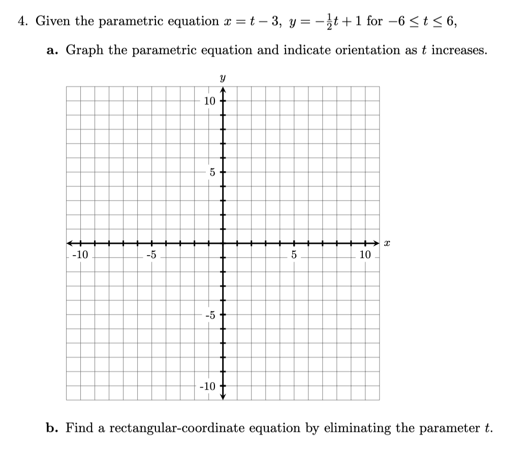Solved 4. Given the parametric equation x = t - 3, y=-{t+1 | Chegg.com