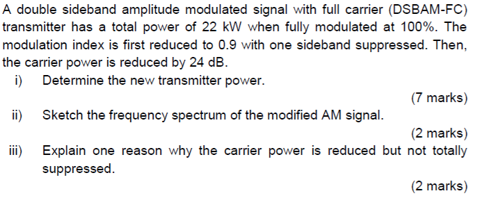 Solved A double sideband amplitude modulated signal with | Chegg.com
