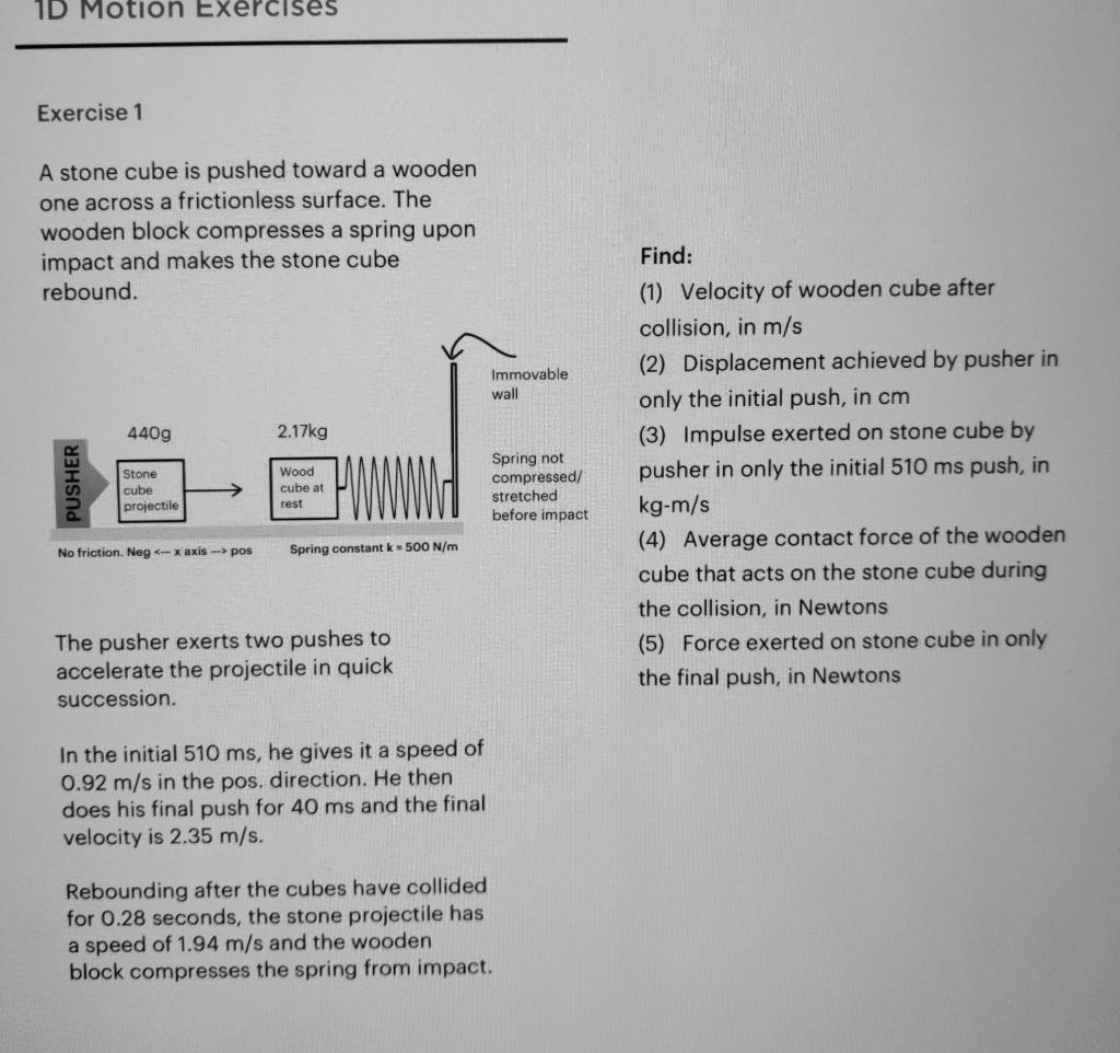 Solved 1D Motion Exercises Exercise 1 A stone cube is pushed | Chegg.com