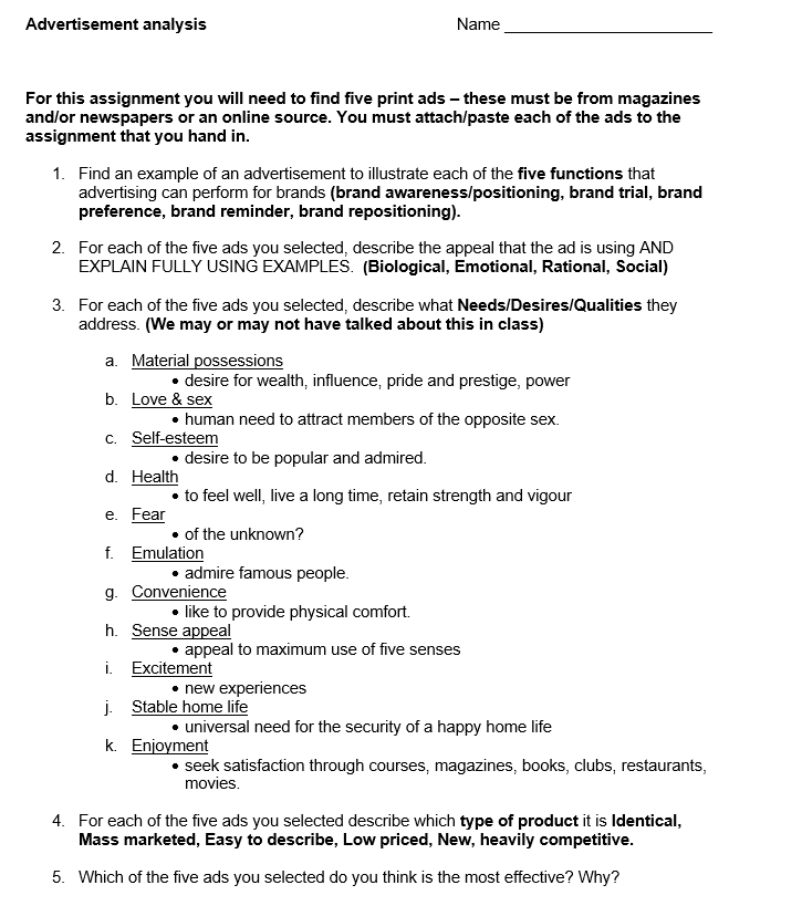 Solved dvertisement analysis Name or this assignment you | Chegg.com
