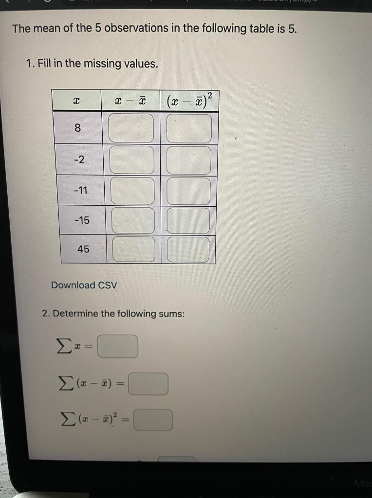 Solved The mean of the 5 observations in the following table | Chegg.com