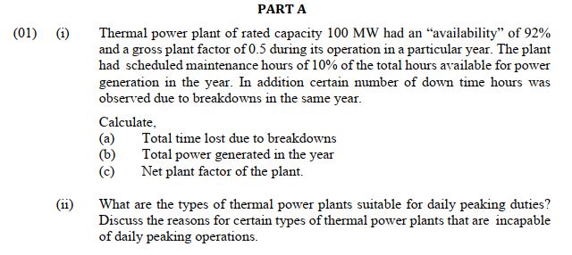 Solved PART A(i) ﻿Thermal power plant of rated capacity | Chegg.com