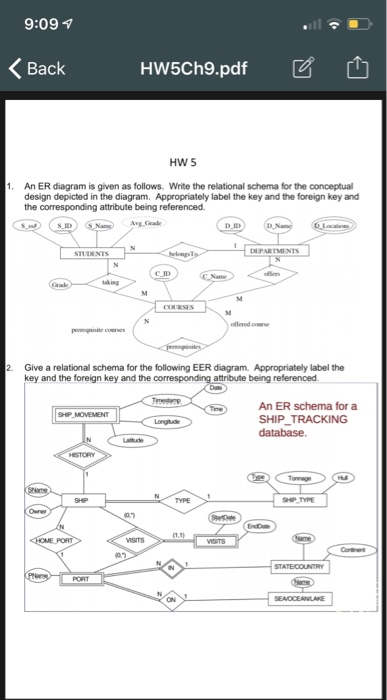 Solved 9:09 1 Back HW5Ch9.pdf HW 5 An ER diagram is given as | Chegg.com