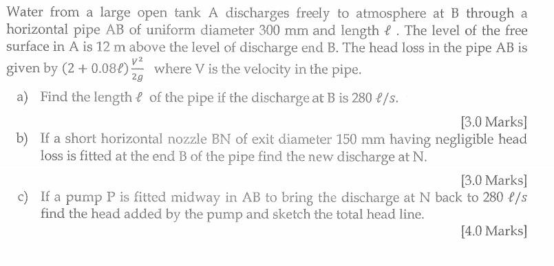 Solved Water from a large open tank A discharges freely to | Chegg.com