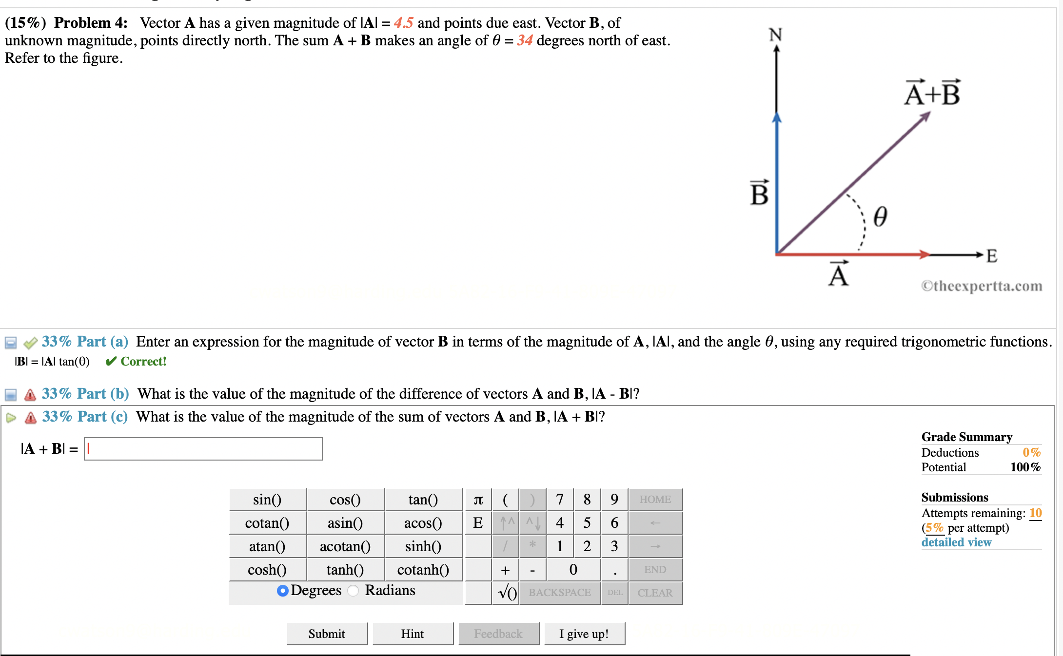 Solved (15\%) Problem 4: Vector A has a given magnitude of | Chegg.com