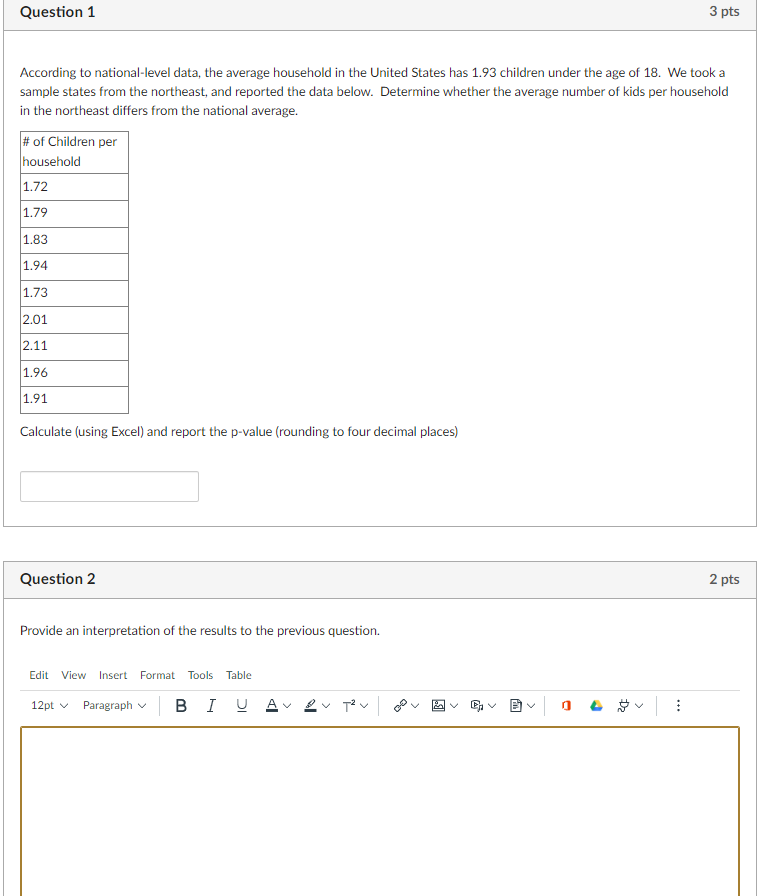 Solved All statistical analyses must be completed in Excel. | Chegg.com