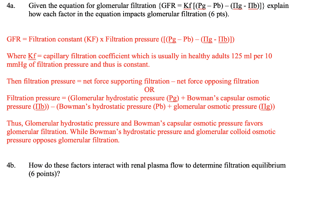 Solved 4a. Given the equation for glomerular filtration {GFR | Chegg.com