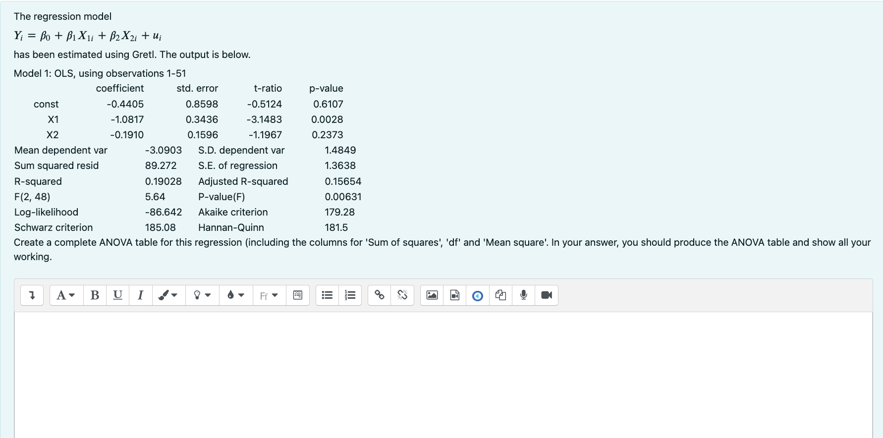 Solved The regression model Yi=β0+β1X1i+β2X2i+ui has been | Chegg.com