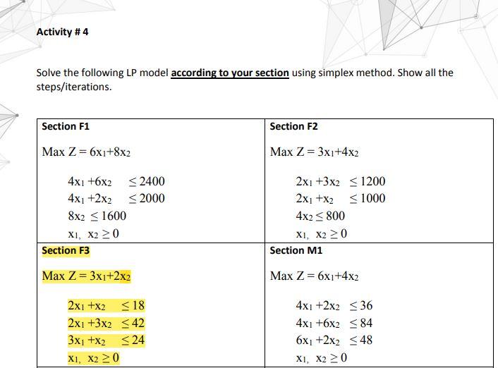Solved Activity #4 Solve the following LP model according to | Chegg.com