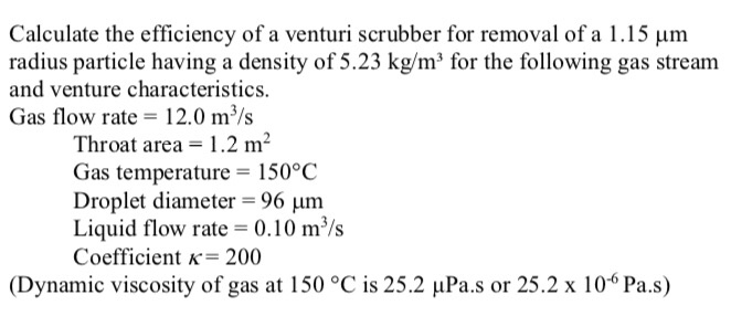 Calculate the efficiency of a venturi scrubber for | Chegg.com